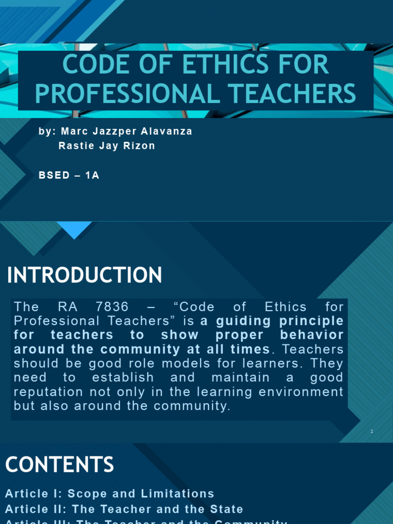 Code of Ethics For Professional Teachers | PDF | Teachers | Contractual ...