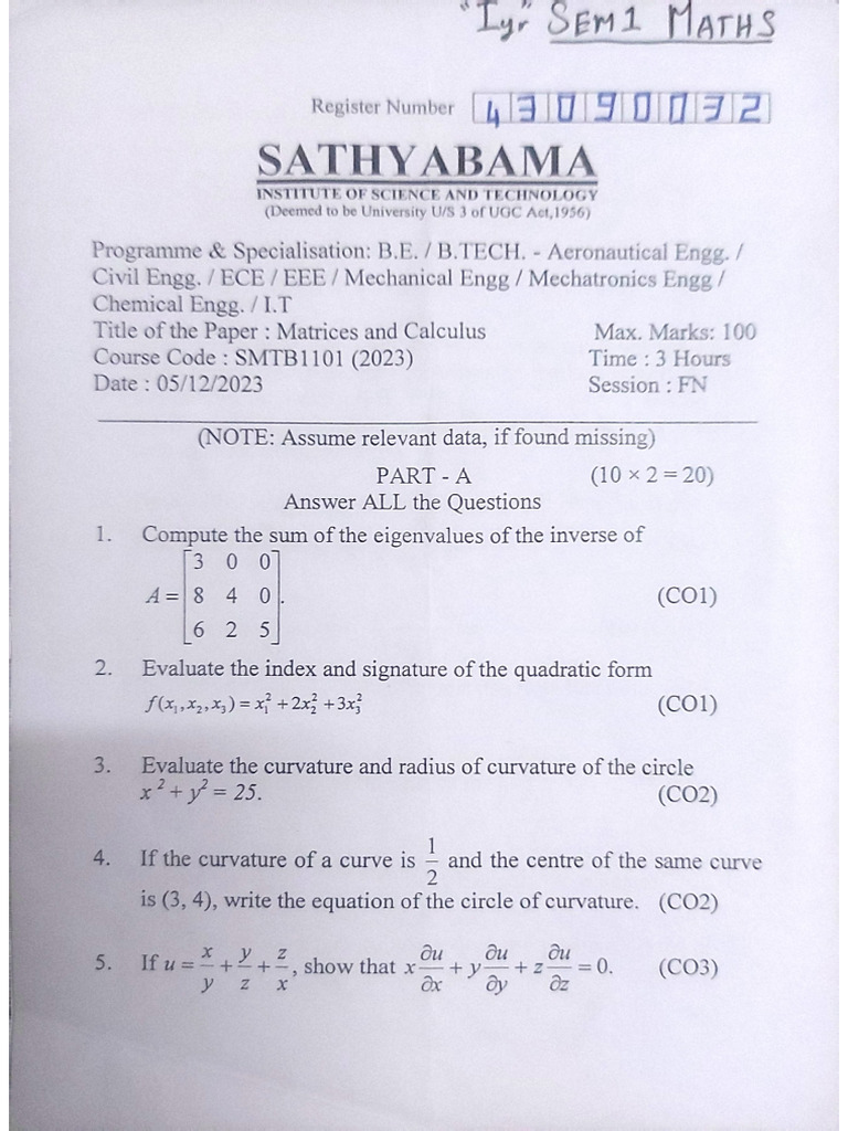Maths sem 1 paper-1 | PDF