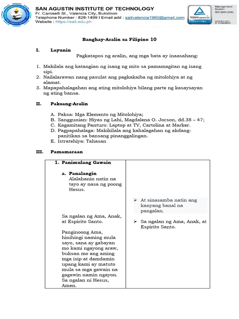 FIL 103 G10 Banghay | PDF