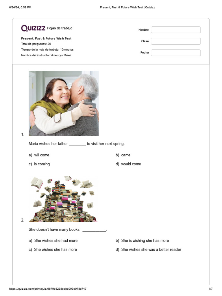 Present, Past & Future Wish Test - Quizizz | PDF