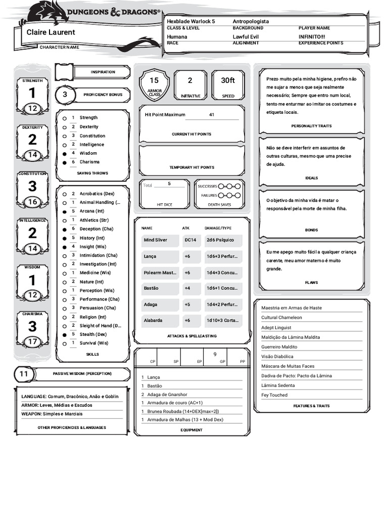 Ficha de Personagem - Claire Laurent Hexblade | PDF | Armas pessoais | Tecnologia militar