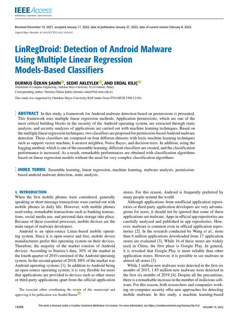 Linregdroid Detection Of Android Malware Using Multiple Linear Regression Models Based