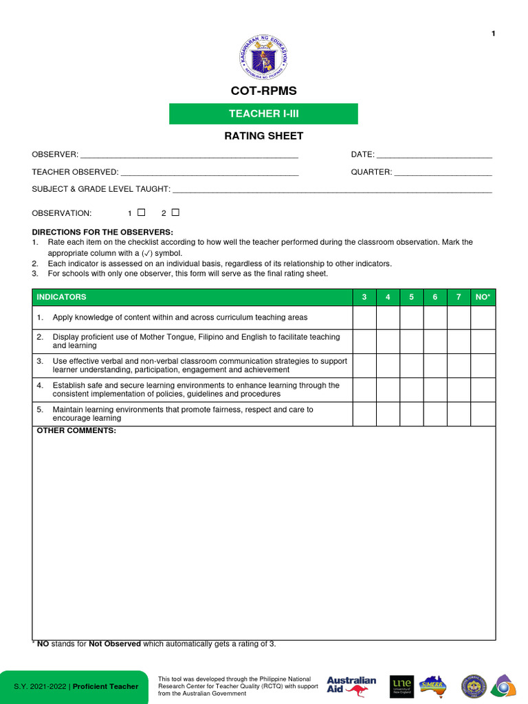 (Appendix 3C) COT-RPMS Rating Sheet For T I-III For SY 2021-2022 in The ...
