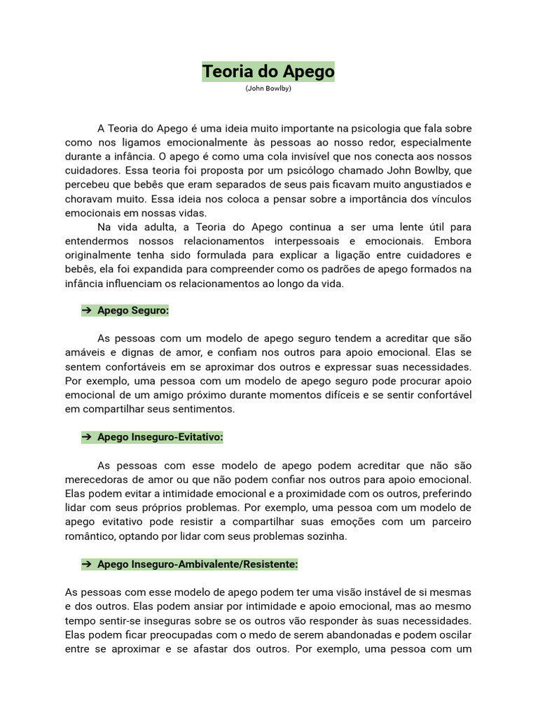 Teoria Do Apego | PDF | Teoria do Apego | Psicologia Social