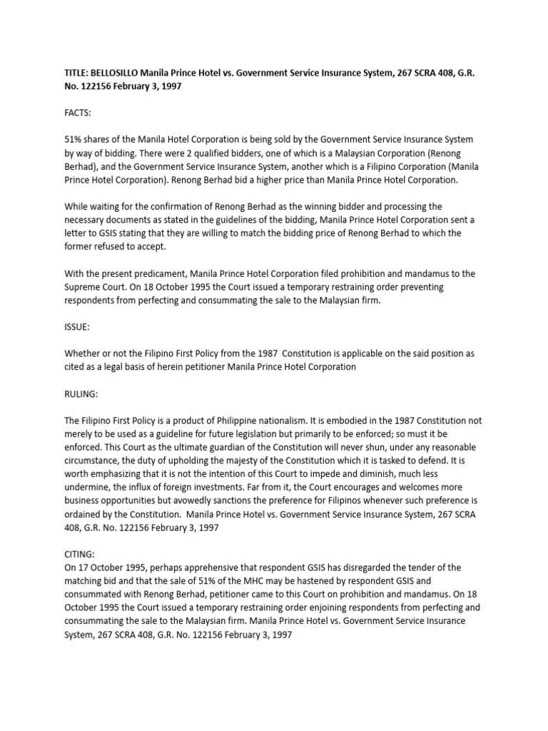 BELLOSILLO Manila Prince Hotel vs. Government Service Insurance System ...