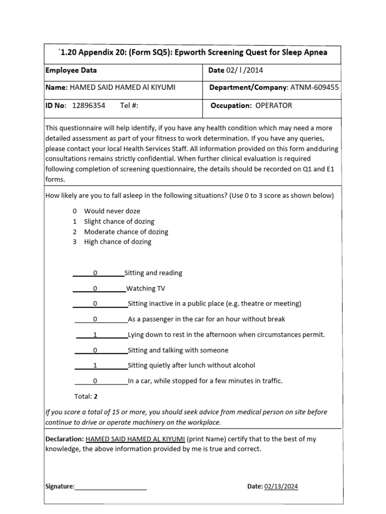'1.20 Appendix 20: (Form SQ5) : Epworth Screening Quest For Sleep Apnea ...