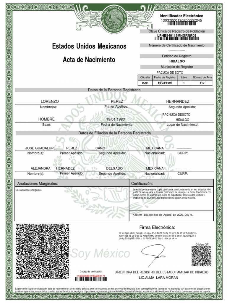 Acta de Nacimiento de Lorenzo Pérez | PDF | Información del gobierno | Autenticación