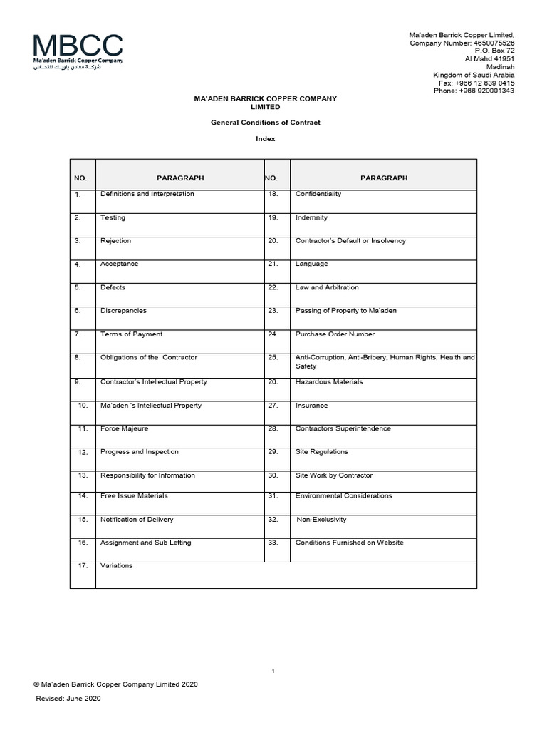 Maaden Barrick Copper Limited General Terms and Conditions-English | PDF | Breach Of Contract ...