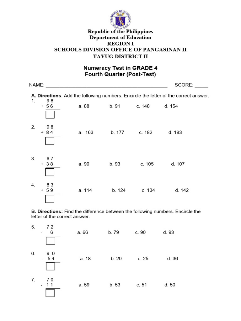 Numeracy Test Grade 4 FINAL | PDF