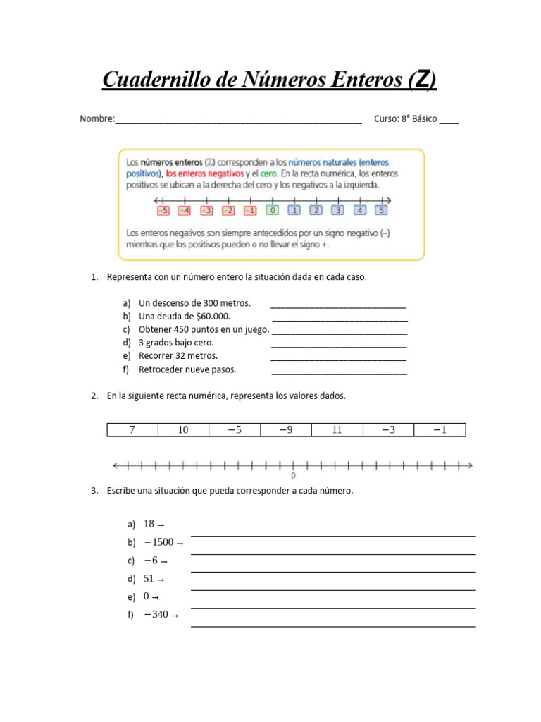 Ejercicios de Números Enteros para 8° Básico | PDF | Entero | Matemáticas