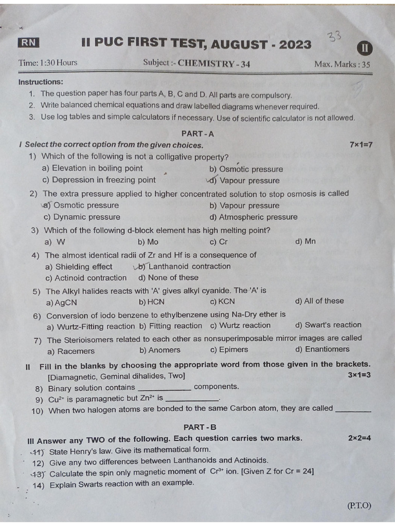 2nd PUC First Test Chemistry Paper - 2023 | PDF
