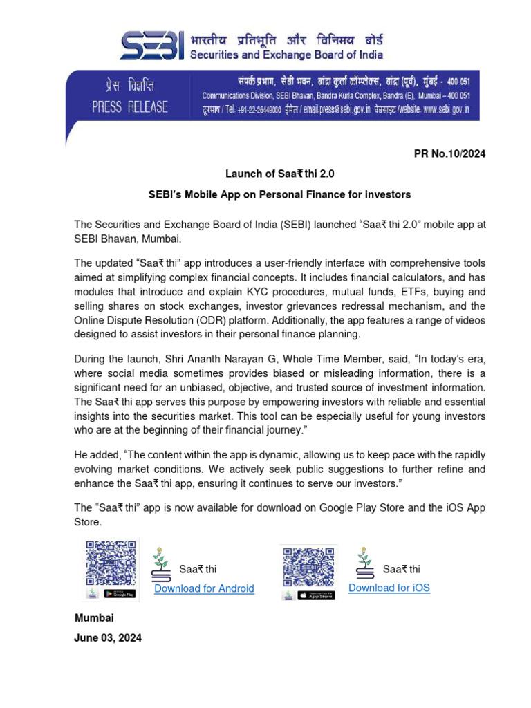 PR No.10/2024 Launch of Saa Thi 2.0 SEBI's Mobile App On Personal ...