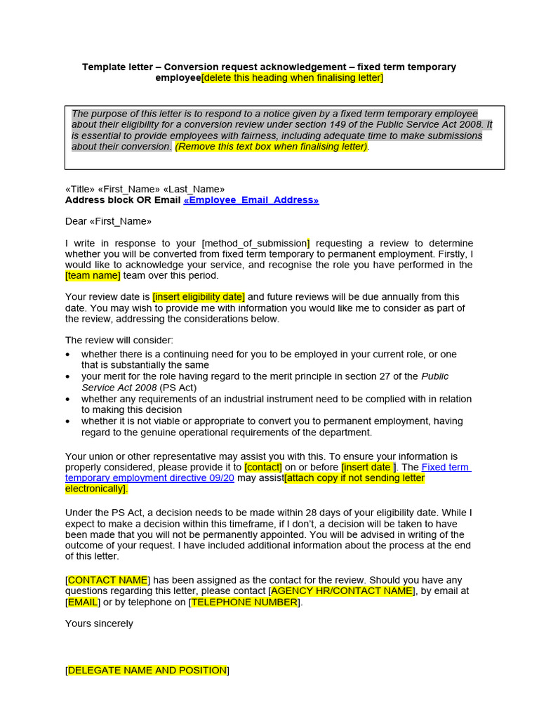 Fixed Term Temporary Employee Conversion Request Acknowledgement ...