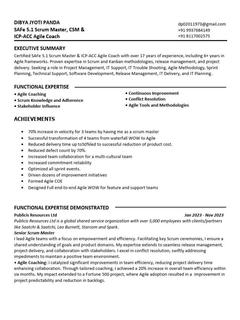 DIBYA JYOTI PANDA - CV Scrum Master | PDF | Scrum (Software Development ...