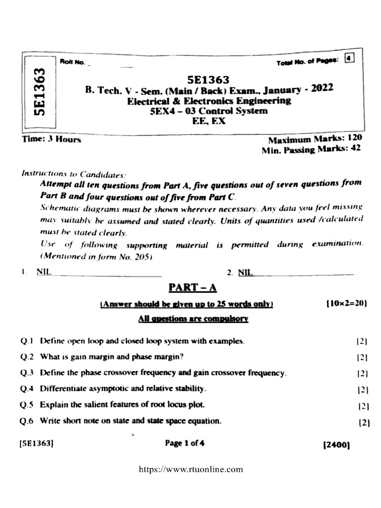 Btech Ee Ex 5 Sem Control System 5e1363 Jan 2022 | PDF