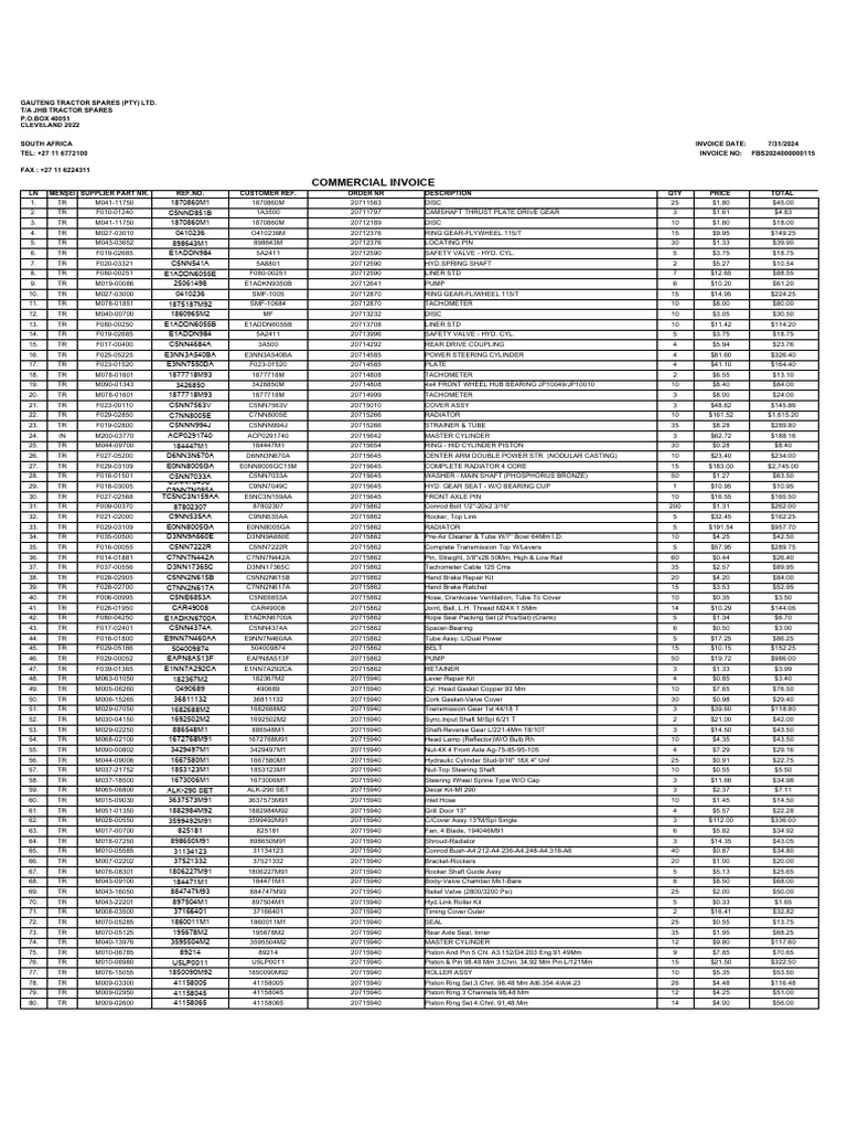 JHB Tractor Spares Invoice Summary | PDF | Axle | Piston