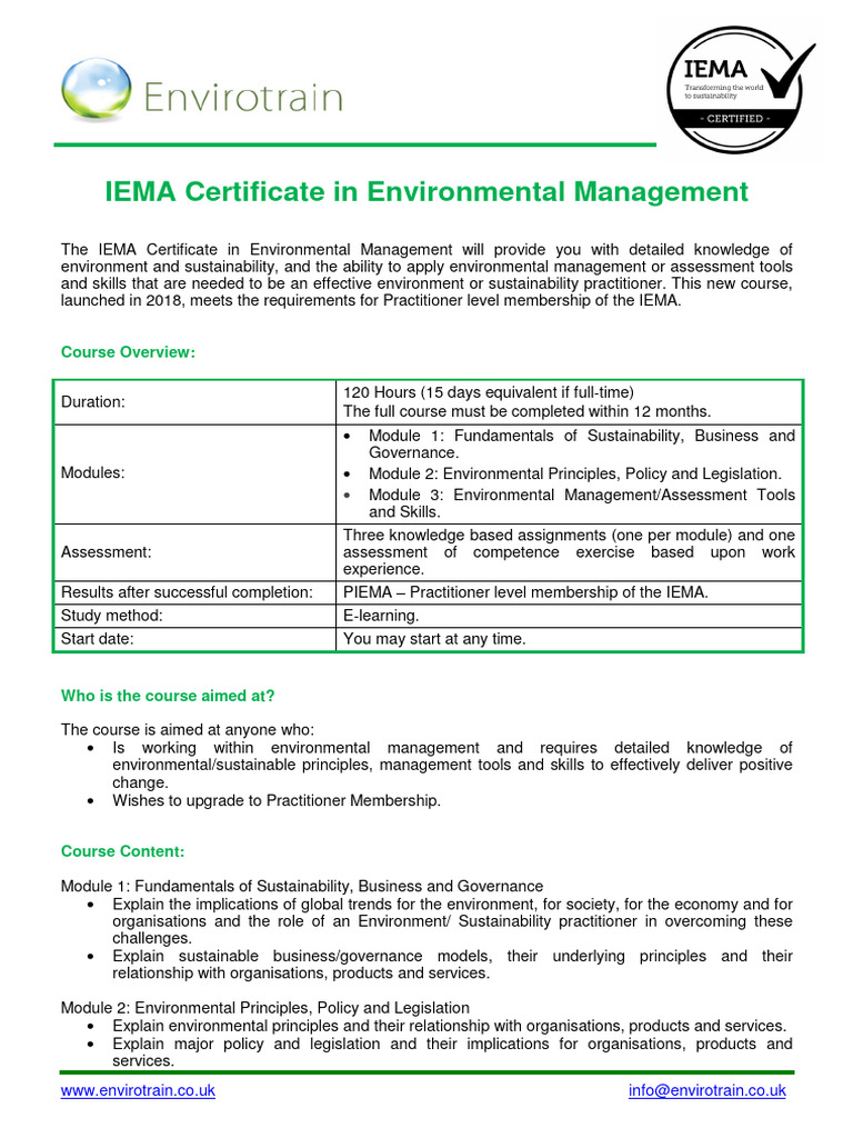 Envirotrain Flyer IEMA Certificate PIEMA | PDF | Environmental Resource Management | Sustainability