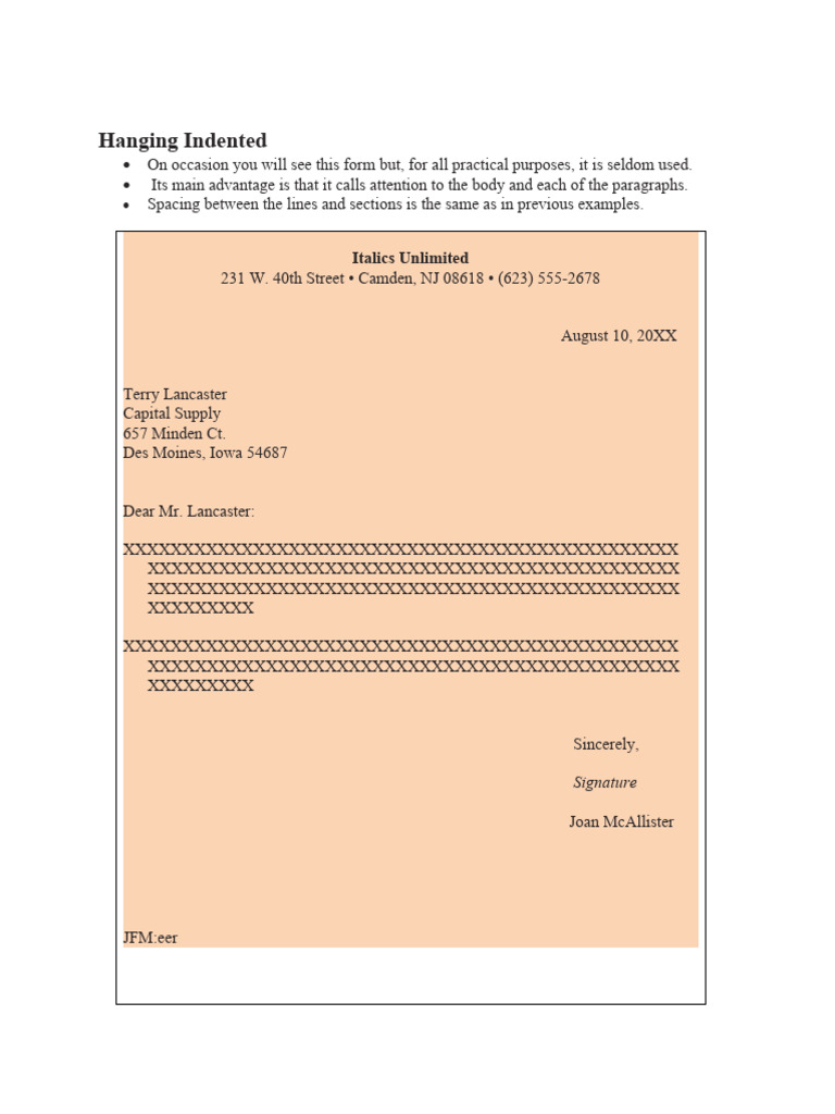 Hanging Indented Letter Format Guide | PDF
