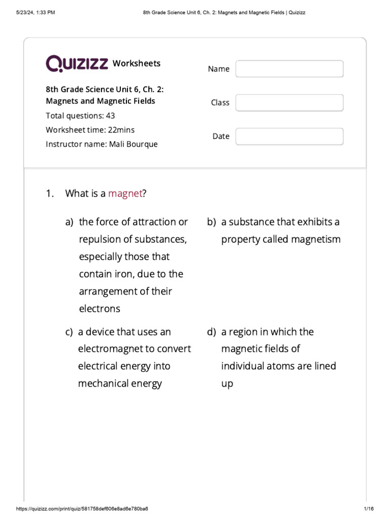 8th Grade Science Unit 6, Ch. 2 - Magnets and Magnetic Fields - Quizizz ...