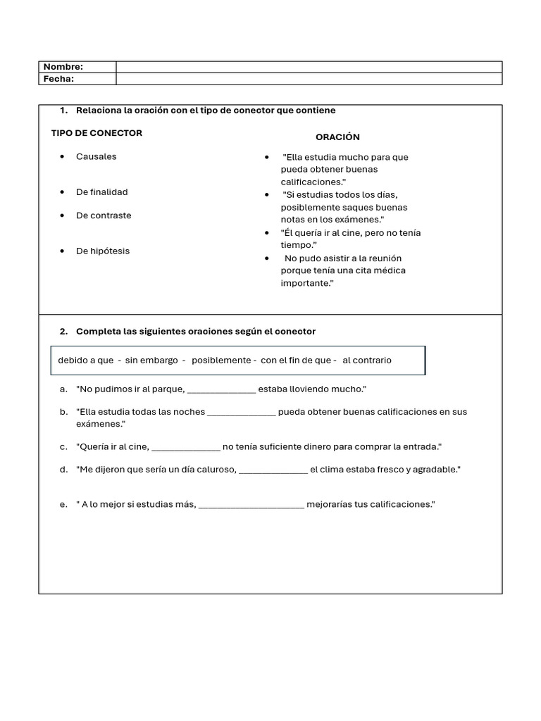 Ejercicios de Conectores en Español | PDF