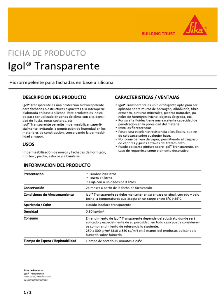 Igol Transparente Sika | PDF | Hormigón | Albañilería