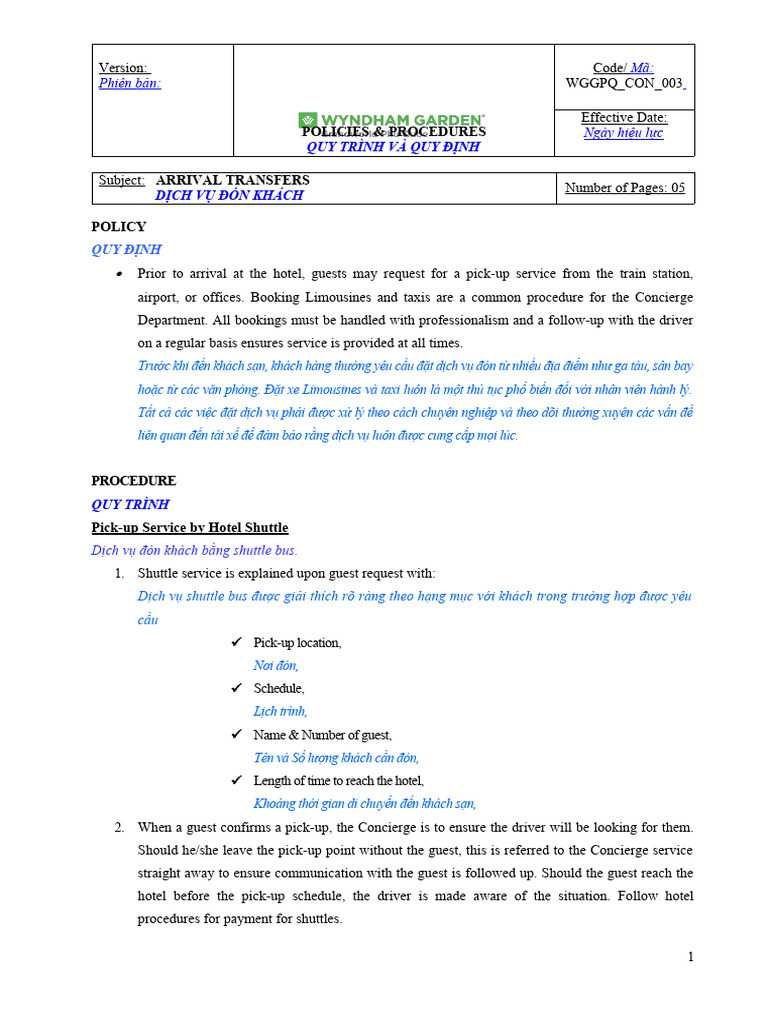 SOP - FO-CON 003 - Arrival Transfers | PDF