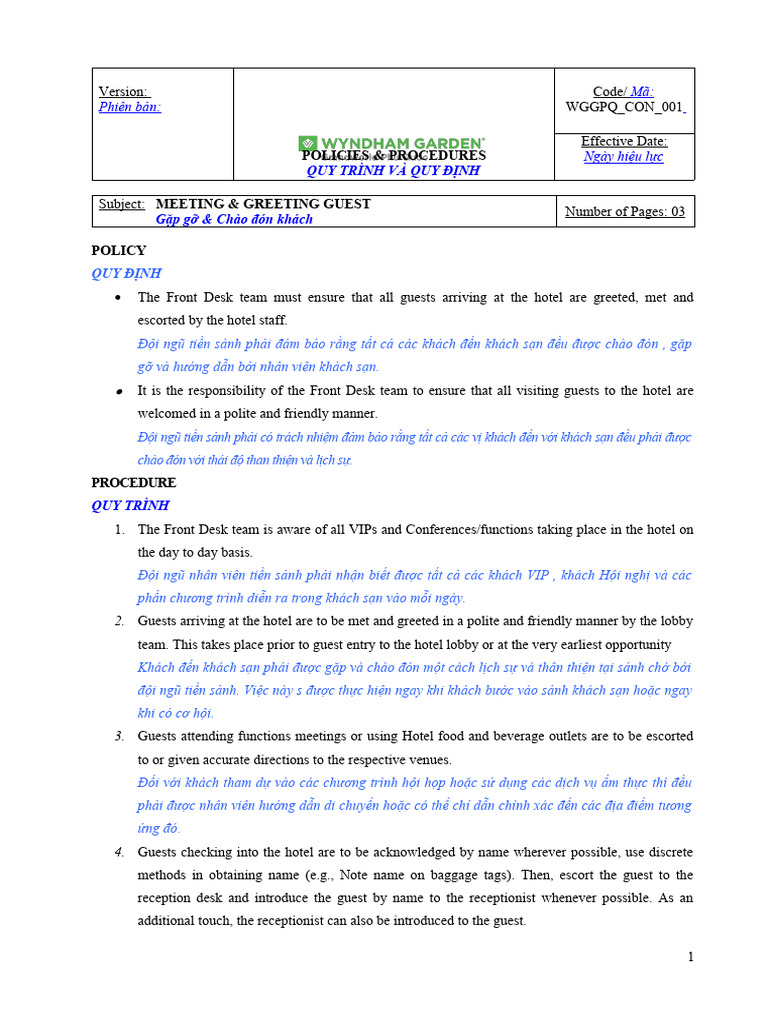 SOP - FO-CON 001 - Meeting and Greeting | PDF