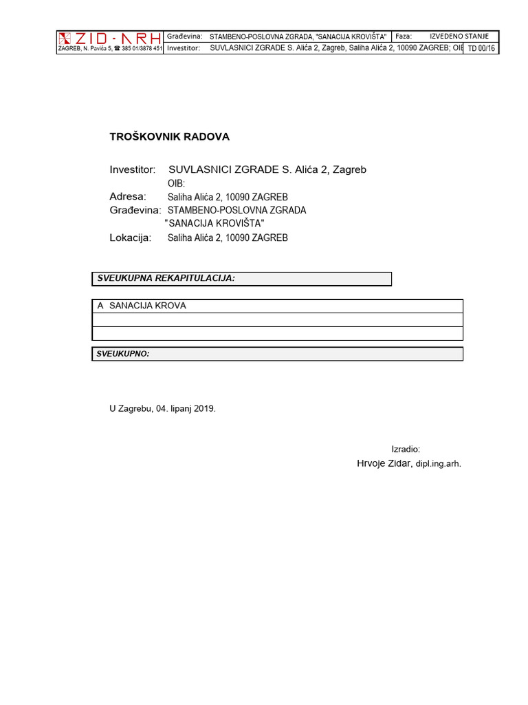 Troskovnik Krovište | PDF