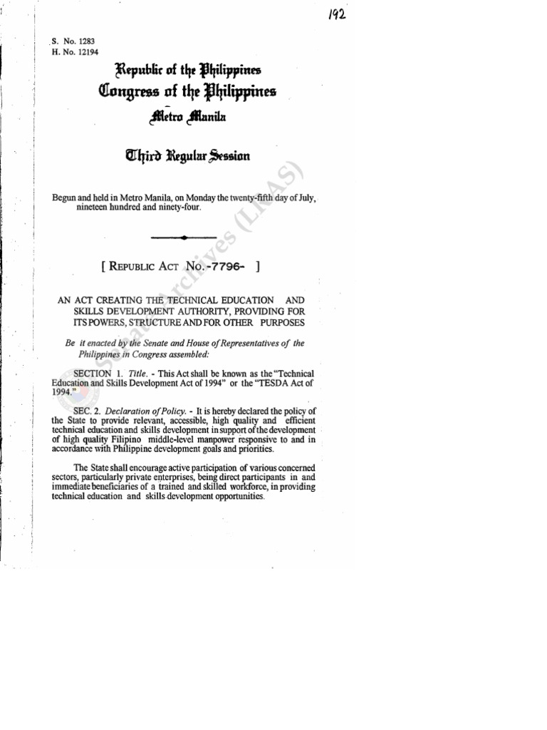 Ra 7796 Tesda Act of 1994 | PDF