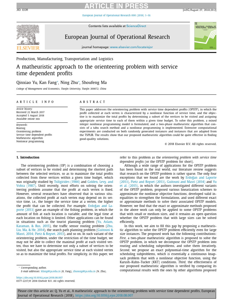A Matheuristic Approach To The Orienteering Problem With Service Time Dependent Profits | PDF ...