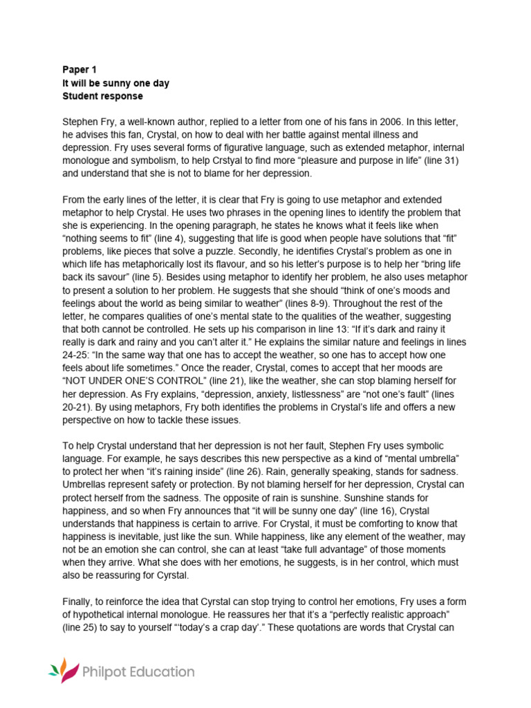 Sample 1 - P1 - It Will Be Sunny On Day - Student Response | PDF | Happiness | Major Depressive ...