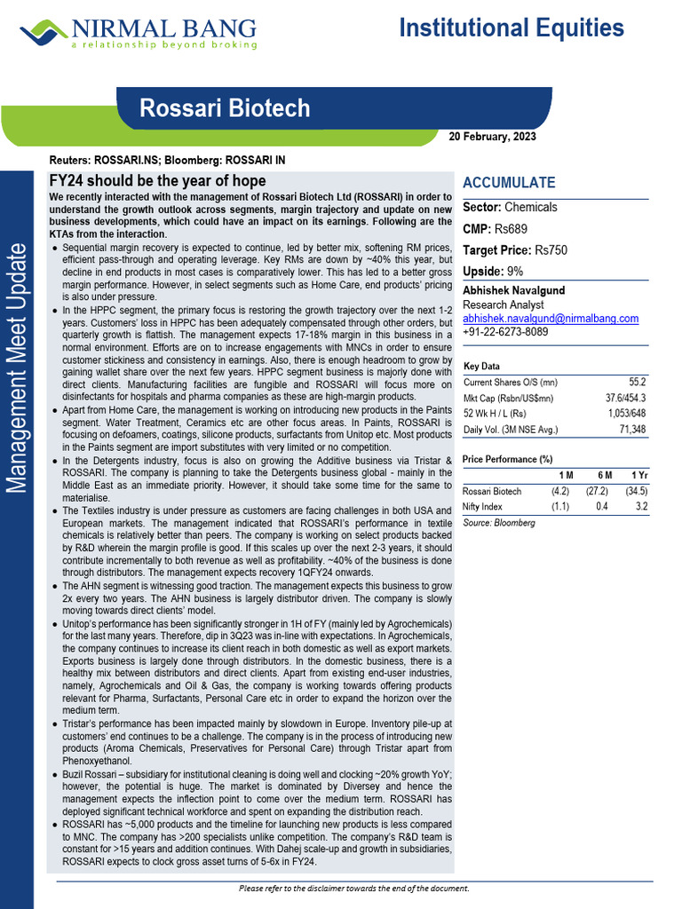 Nirmal Bang Rossari Biotech Management Meet Update FY24 Should Be | PDF | Equity (Finance) | Stocks