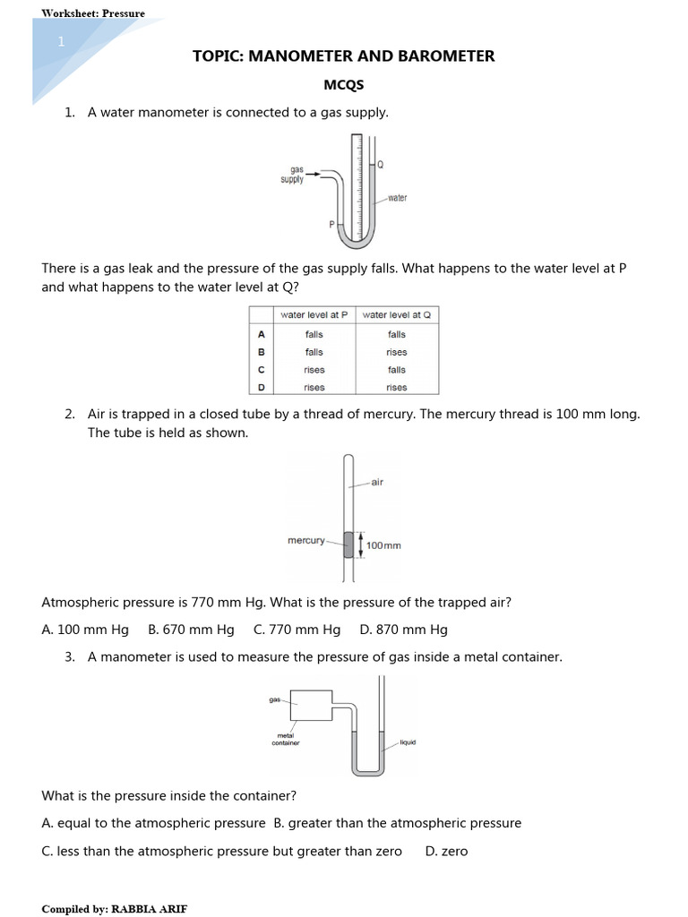 Worksheet Pressure Guages | PDF | Pressure | Pressure Measurement