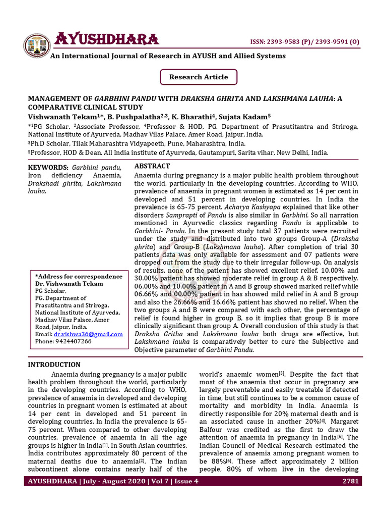 Management of Garbhini Pandu With Draksh-1 | PDF | Anemia | Clinical ...