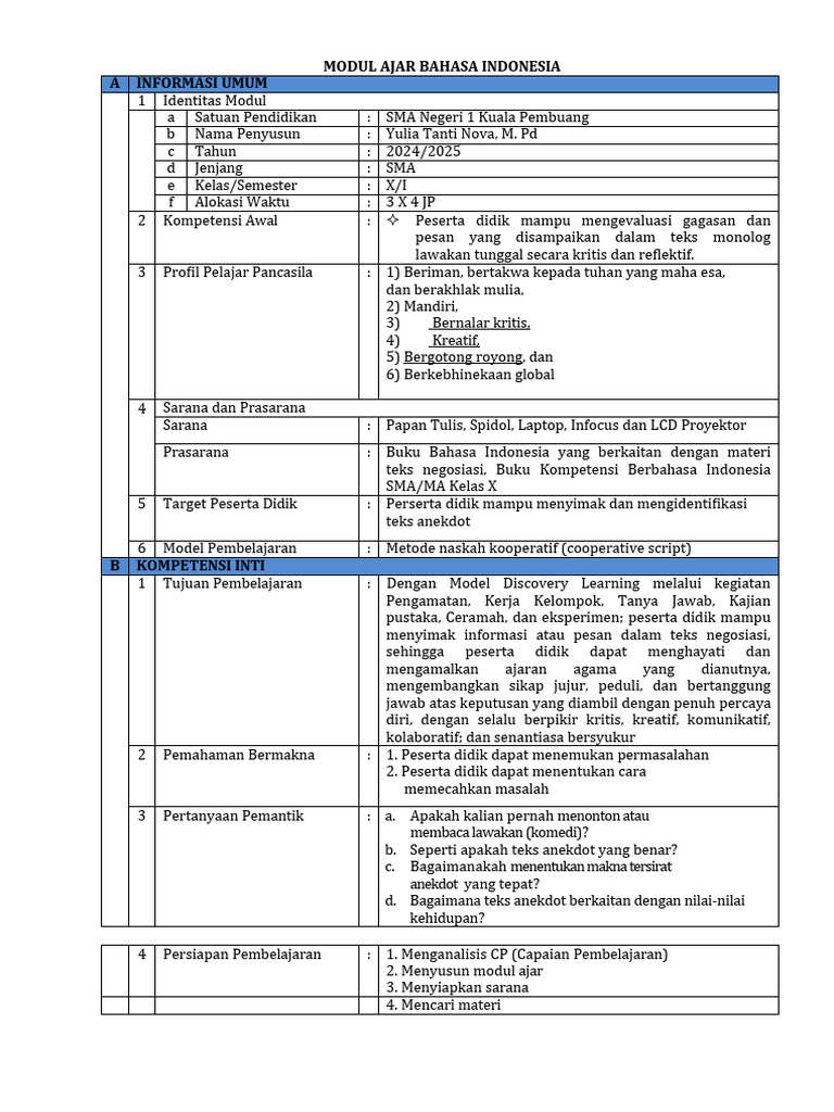 Modul Ajar P5 Teks Anekdot Kls X | PDF
