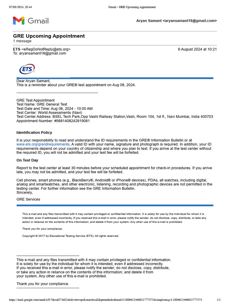 Gmail - GRE Upcoming Appointment | PDF | Graduate Record Examinations | Information Appliances