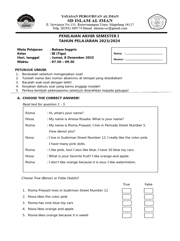 Pas I English Kelas 3 TP 2023-2024 | PDF | Fruit | Edible Fruits