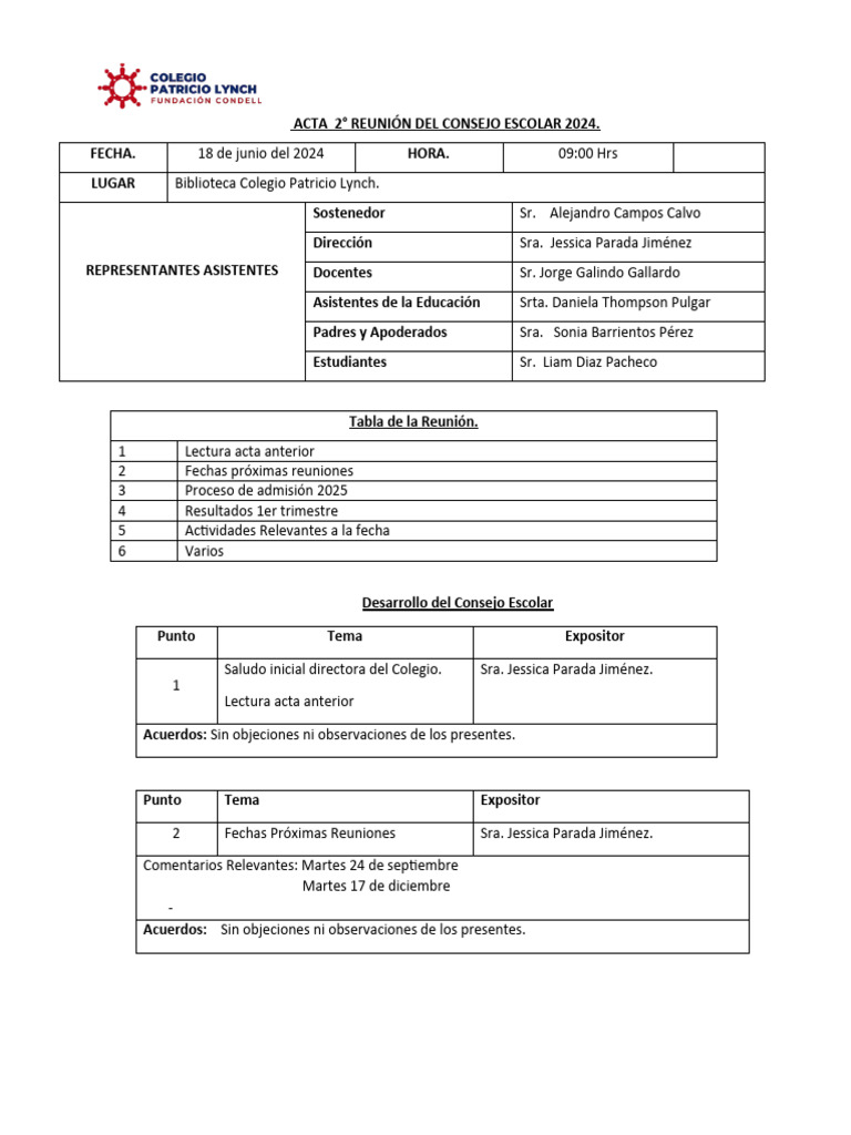 Acta Segundo Consejo Escolar | PDF
