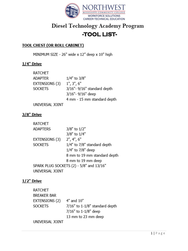 Diesel Technology Academy Tool List | PDF | Manufactured Goods | Tools