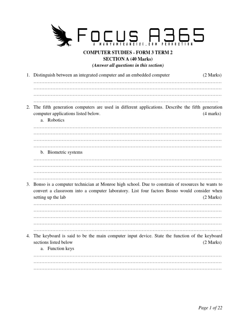 Computer Studies Revision Kits Form 3 2022 Term 2 Paper 1 ...