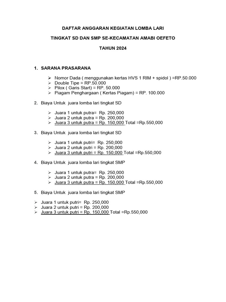 Daftar Anggaran Kegiatan Lomba Lari | PDF