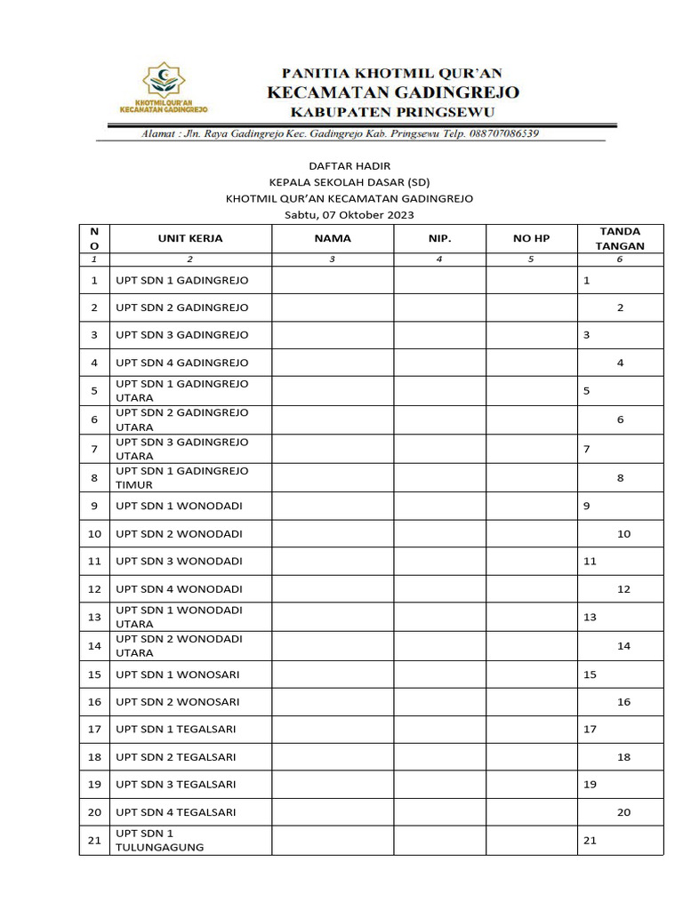 Daftar Hadir Khotmil Quran Kec. Gadingrejo | PDF