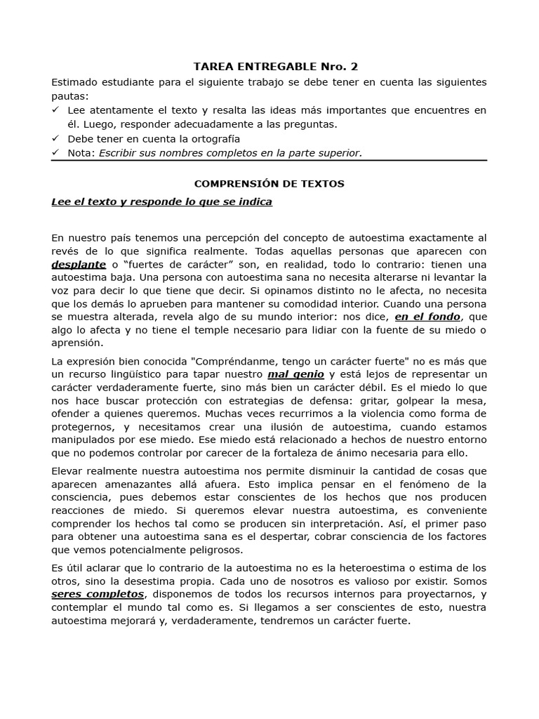 TAREA ENTREGABLE Nro 2 | PDF | Autoestima