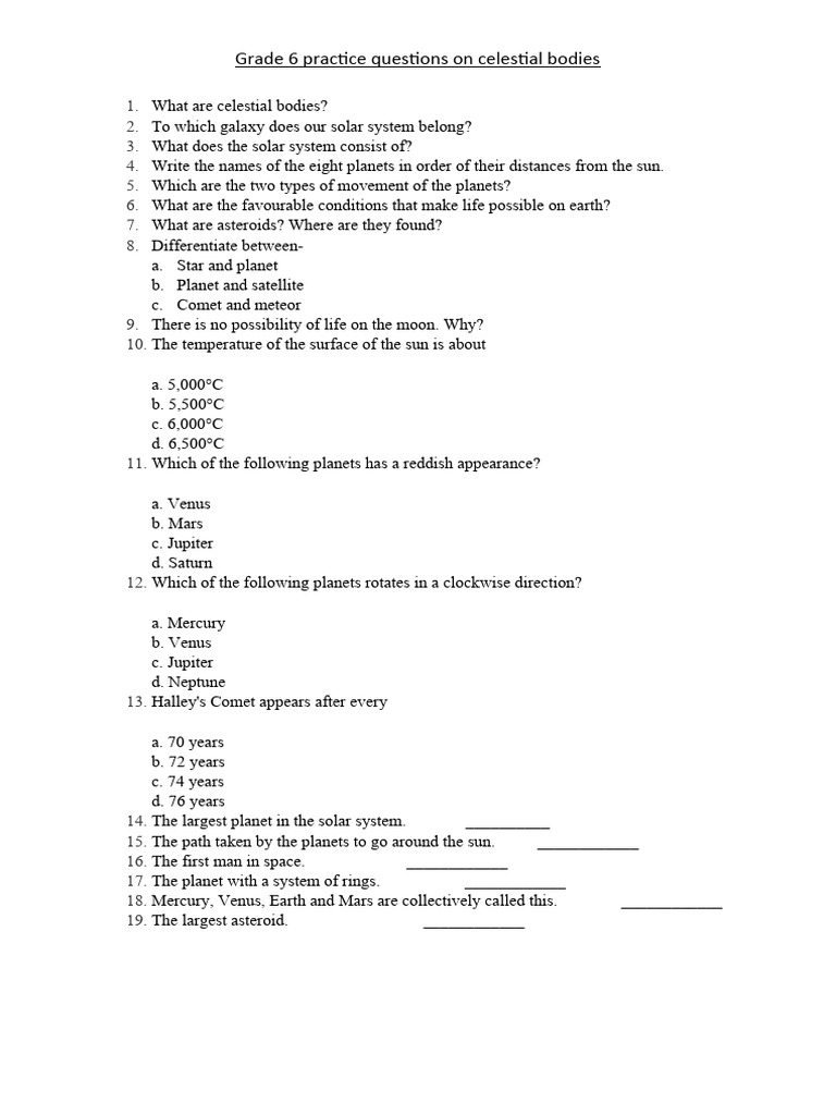 Celestial Bodies-Worksheet | PDF | Travel | Young Adult