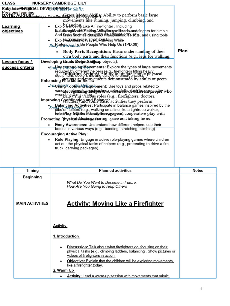 Lesson Plan August Sakhi Physical Development Physical | PDF | Firefighter