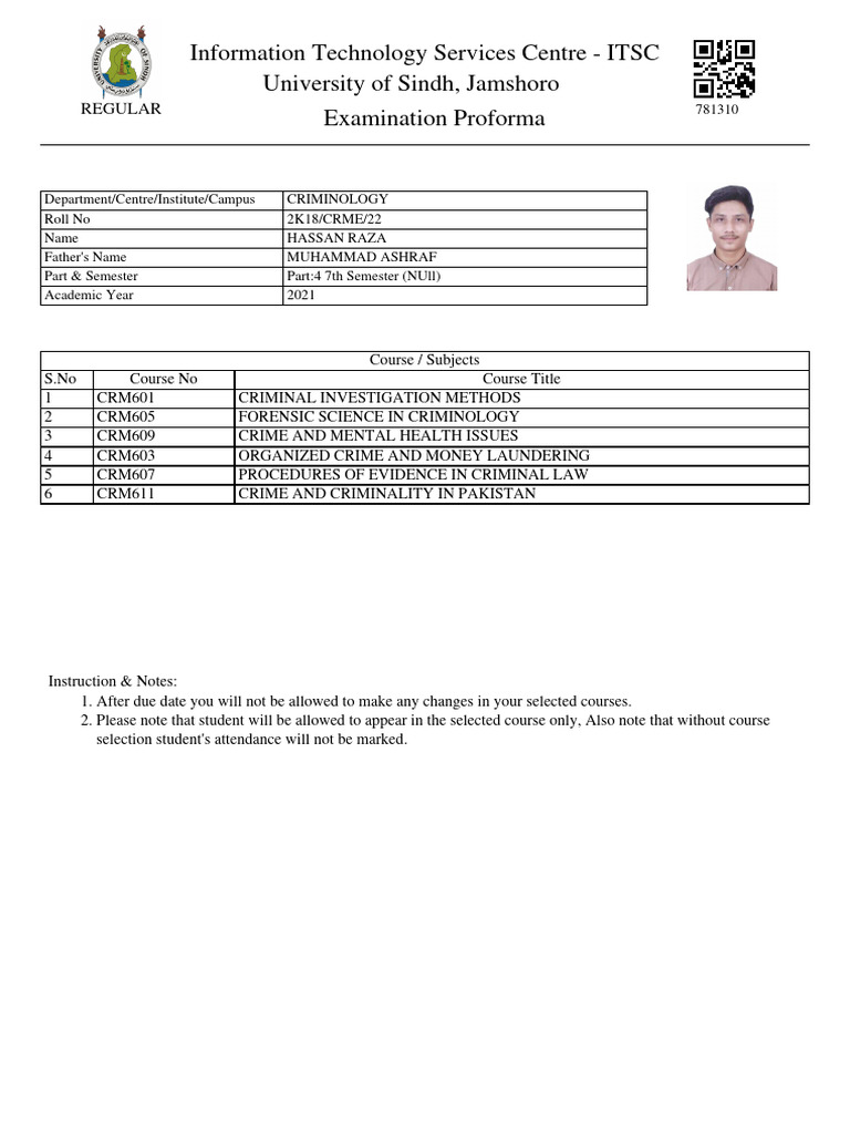 Information Technology Services Centre - ITSC University of Sindh, Jamshoro Examination Proforma ...