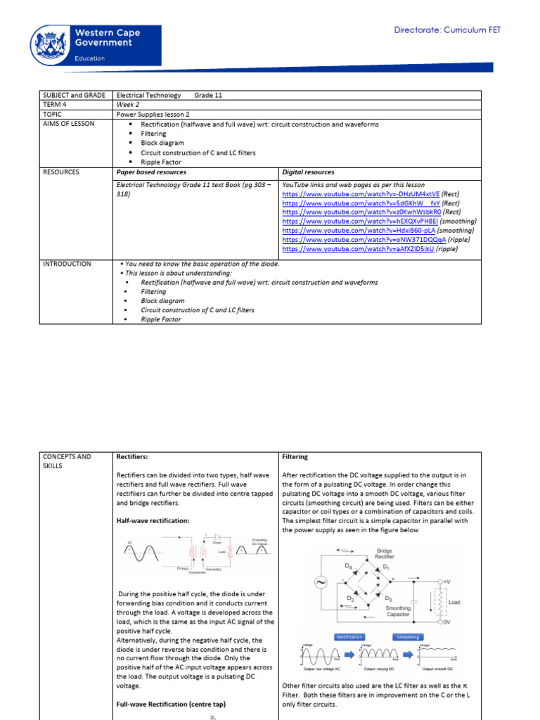 Electrical Technology Grade 11 Term 4 Week 2 | PDF | Rectifier | Electronic Engineering