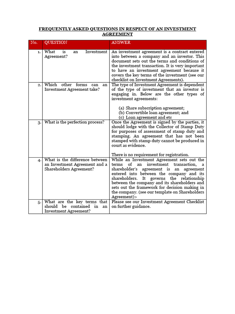 Frequently Asked Questions in Respect of An Investment Agreement | PDF ...