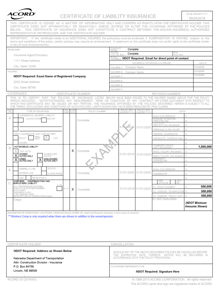 Certificate of Insurance Example Trucker | PDF | Insurance | Liability ...