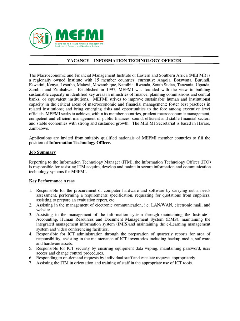 MEFMI Advertisement For Vacancy - IT OFFICER | PDF | Educational Technology | Computer Security